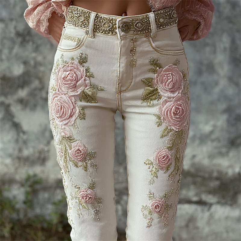 Vintage Cottage Pink Roses Glitter Embroidered Skinny Jeans 56.99