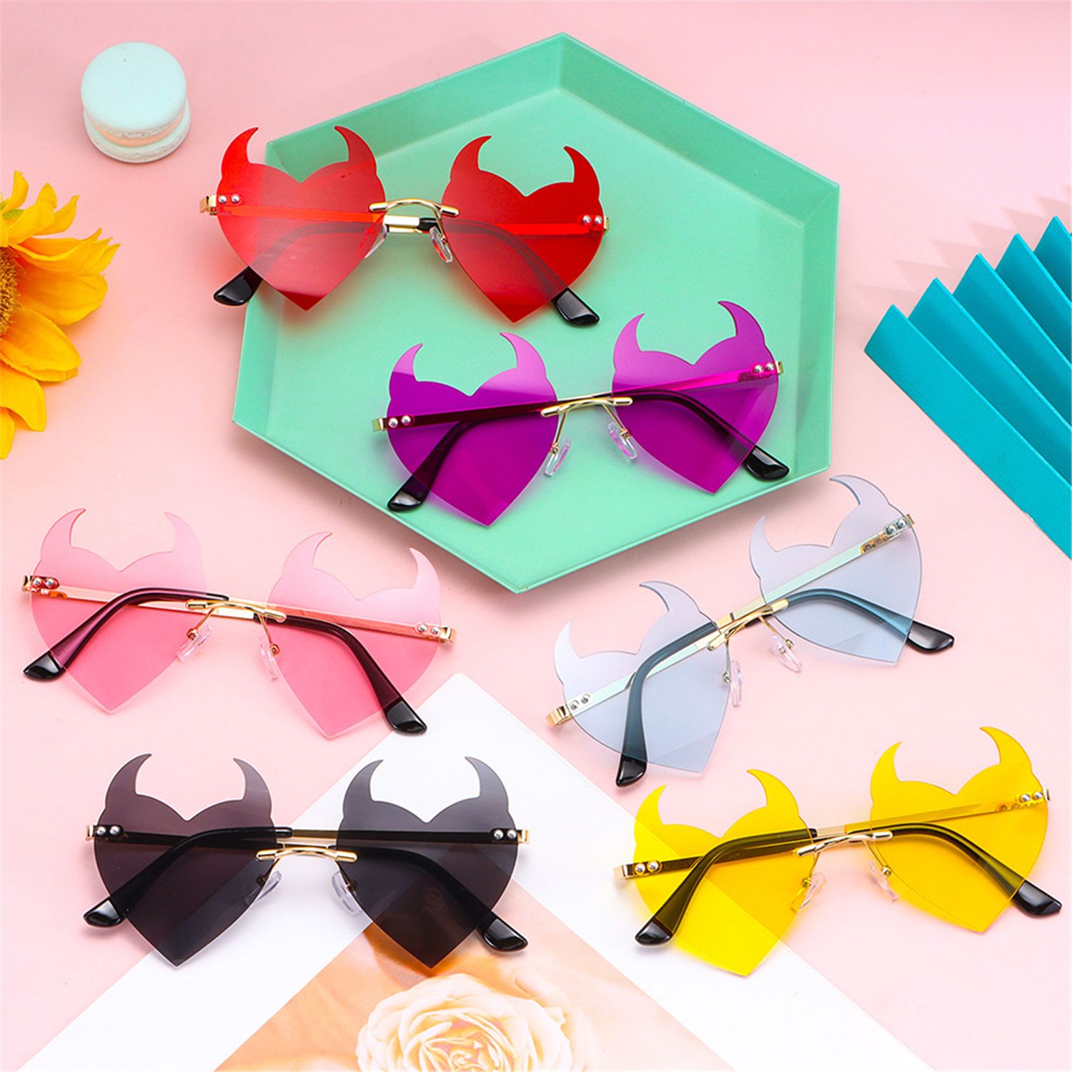 Novel Rimless Devil Ear Heart Shape Sunglasses for Women Men Trendy ...