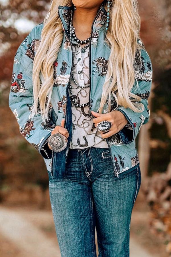 Western Cowboy Print Quilted Zip Jacket
