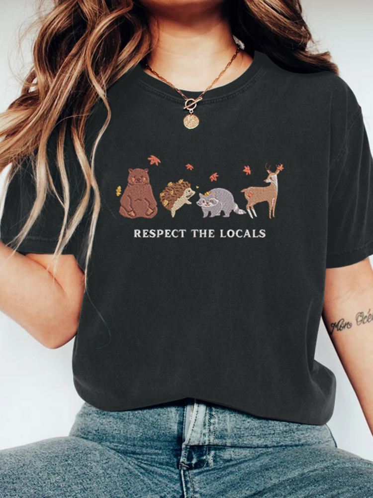 Vintage Respect The Locals Forest Animals Embroidered Short Sleeve T-shirt