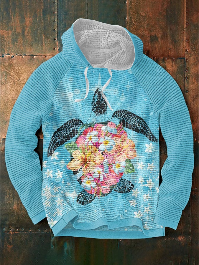 Men's Maui Sea Turtle Hibiscus Print Waffle Hoodie - Ladylim
