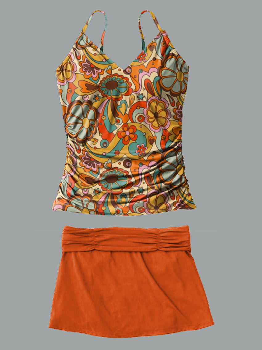 V-Neck Vintage Hippie Floral Art Geometry Art Print Suspender Skirt ...