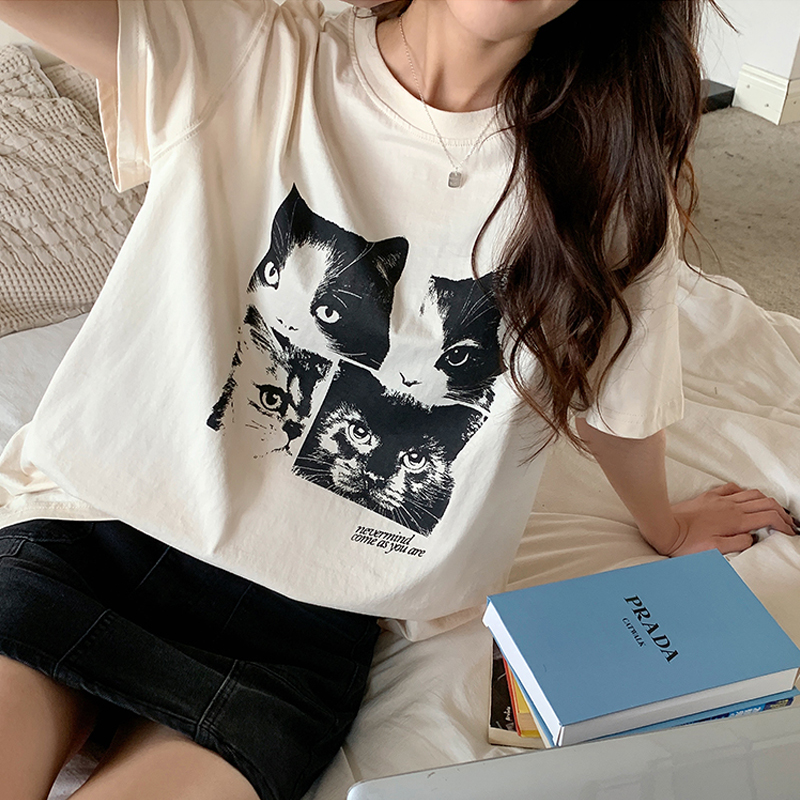 PLUS SIZE CAT PRINT LOOSE T-SHIRT