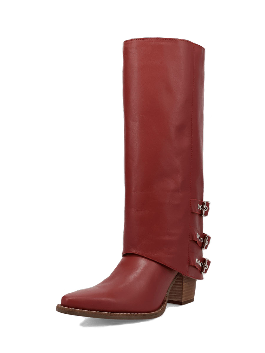 Deep Red Buckle Stacked Heel Fold Over Western Boots for Women