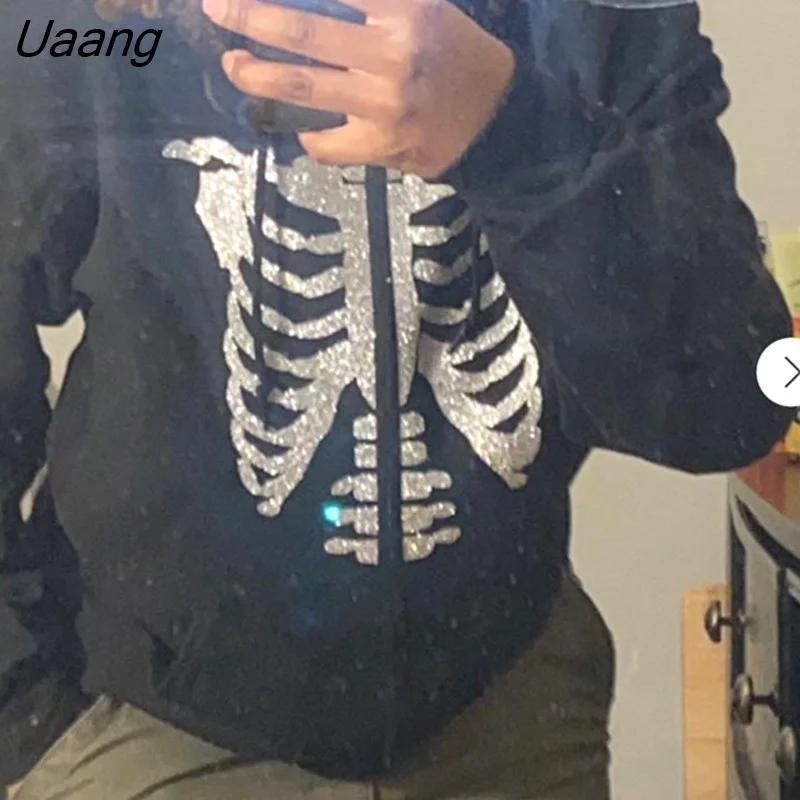 Uaang Rhinestone Cobweb Zip Up Oversized Sweatshirt 2022 Autumn Goth ...