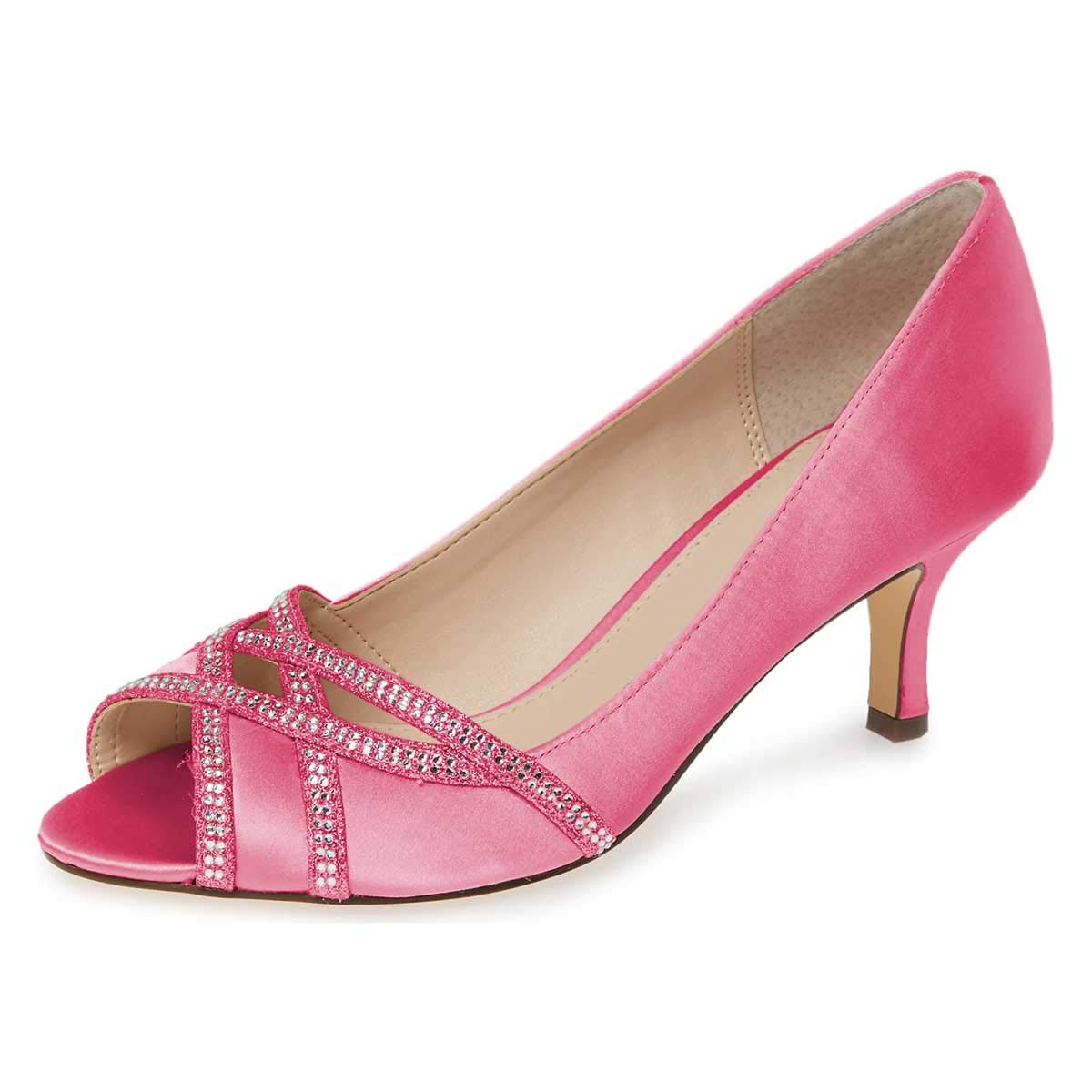 Pink Satin Opened Toe Rhinestone Pumps With Stiletto Heels