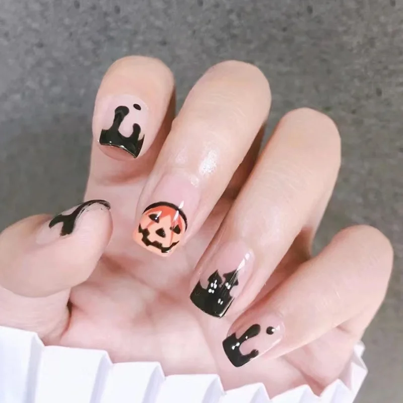 Churchf Halloween False Nails Black Pink Ghost Long Ballet Fake Nails ...