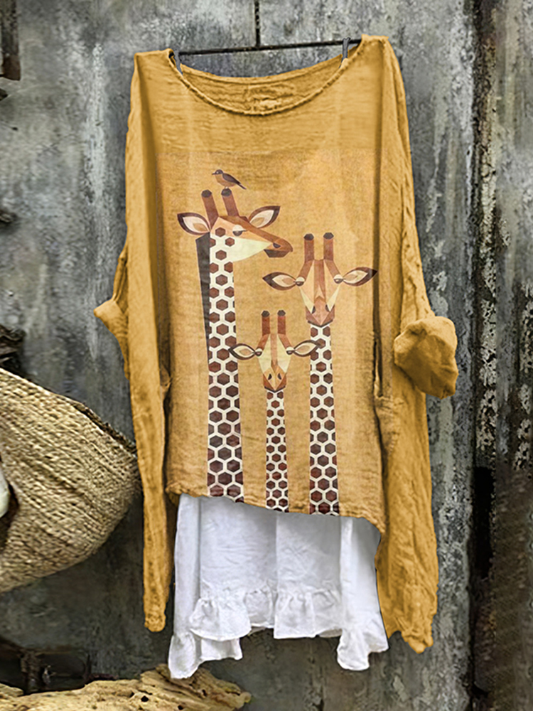 Women's Vintage Giraffe Cozy Linen Blend Tunic