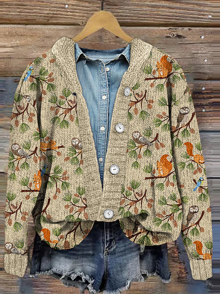 Women's Outdoor Squirrel Print Cardigan Sweater