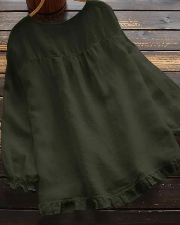 Crew Neck Ruffle Trim Casual Blouse