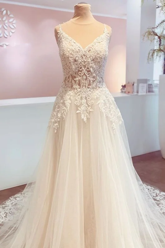 V-Neck Lace Wedding Dress A-Line PD048