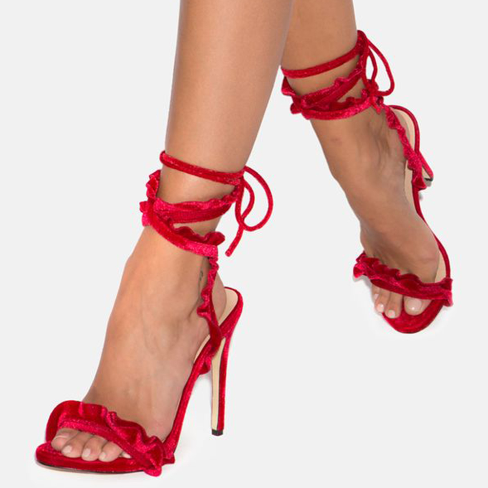 Red Velvet Open Toe 4'' Stiletto Heel Lace Up Sandals