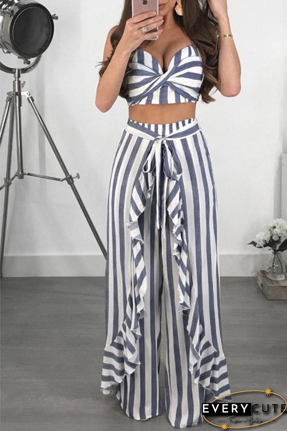 Off The Shoulder Stripe Ruffle Two Piece Sets