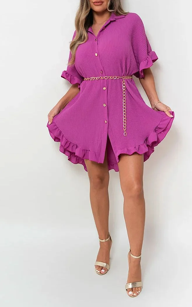 Button Down Oversized Ruffle Short Sleeve Mini Dress-Buy 2 Free Shipping