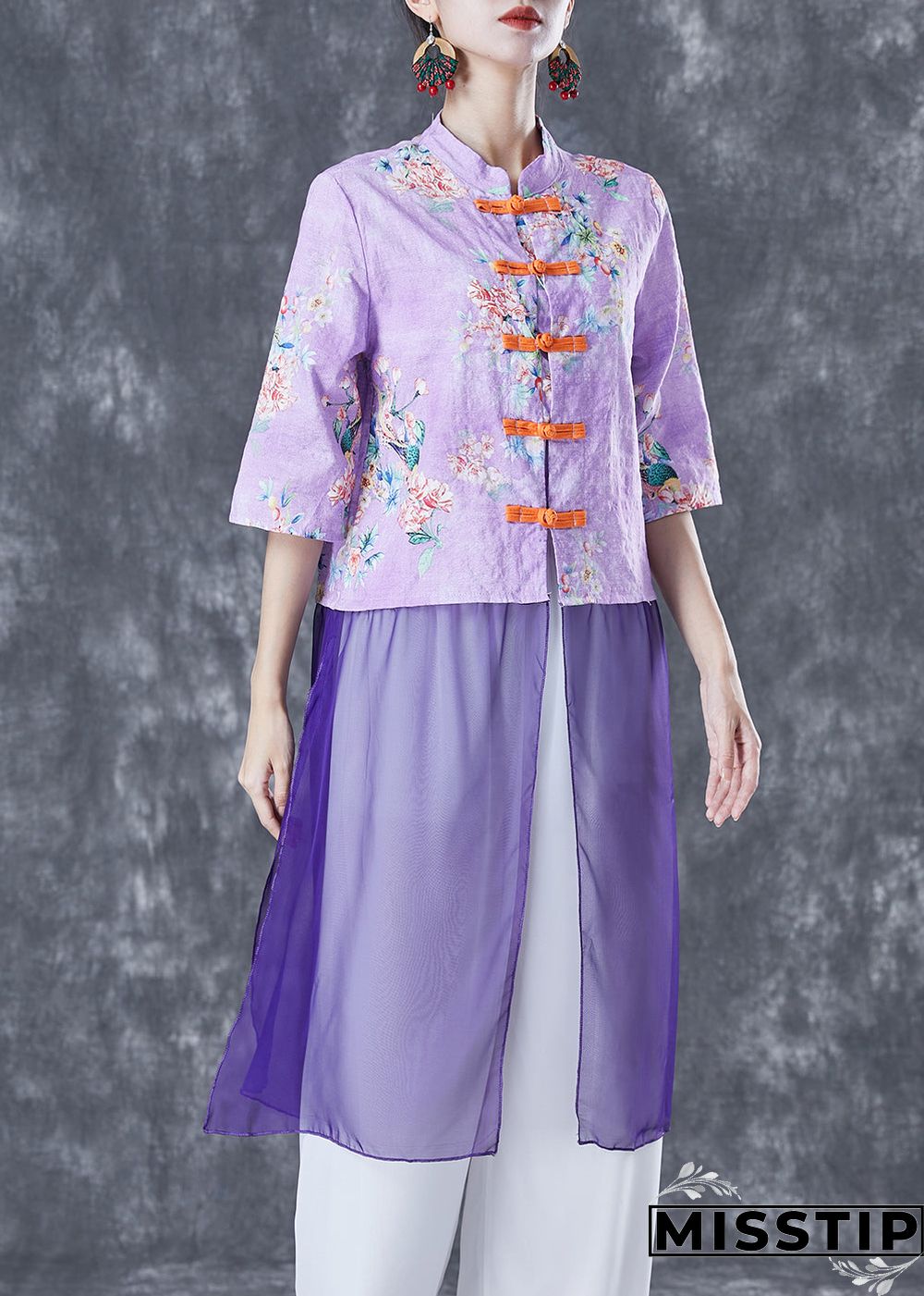 Vintage Purple Print Patchwork Chinese Button Linen Top Half Sleeve ...