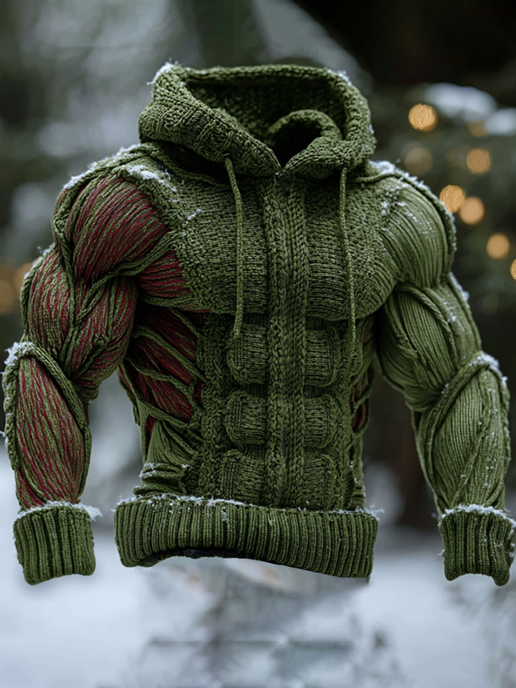 Men's Retro Muscle Line Artistic Thick Hooded Sweater