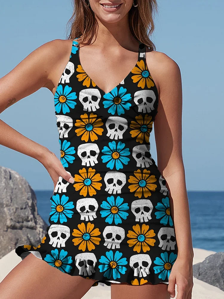 V-Neck Retro Skull Daisy Art Print Suspender Skirt Tankini Pantskirt ...