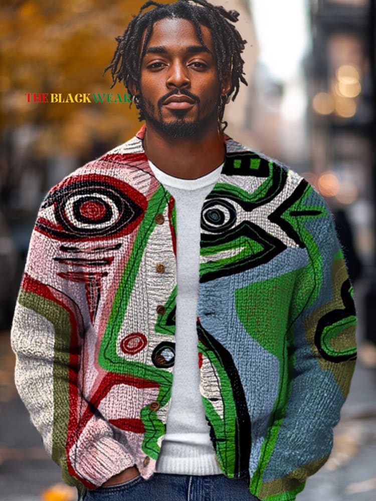 Vintage Abstract Face Painting Art Print Buttoned Cardigan Sweater