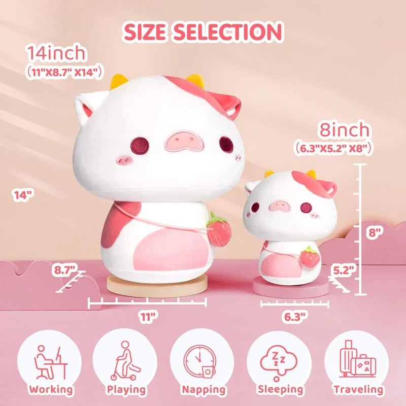 Mewaii® Mushroom Family Cow with Berry Satchel Kawaii Plush Pillow ...