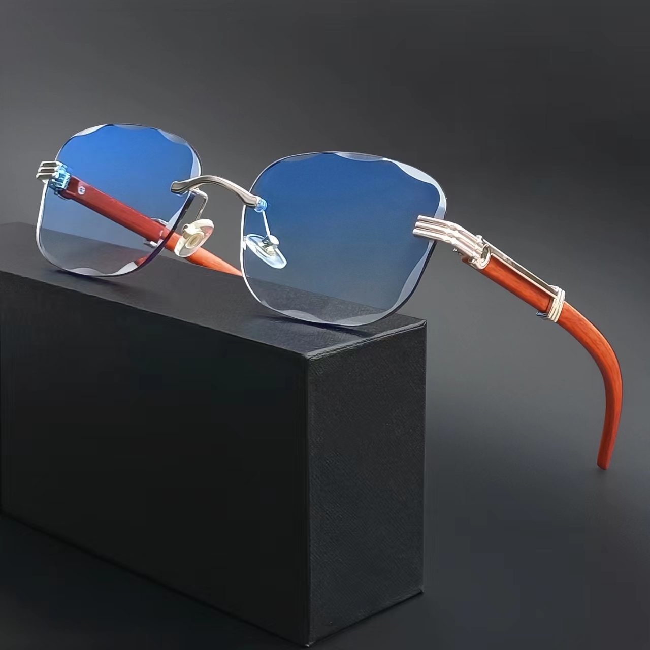 Retro Oval Borderless Sunglasses for Men's Imitation Woodgrain Ripple ...