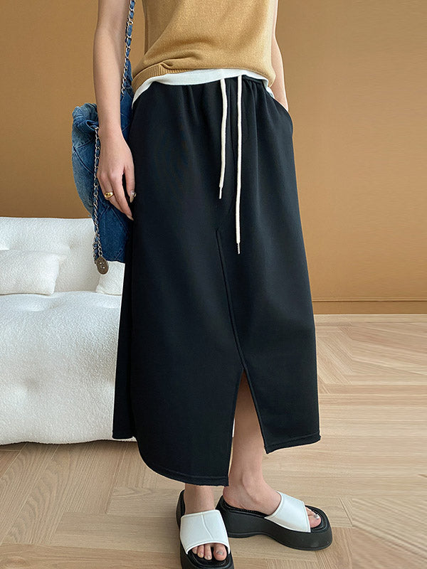 Casual Black Drawstring Asymmetric Split-Front Hem A-Line Skirt