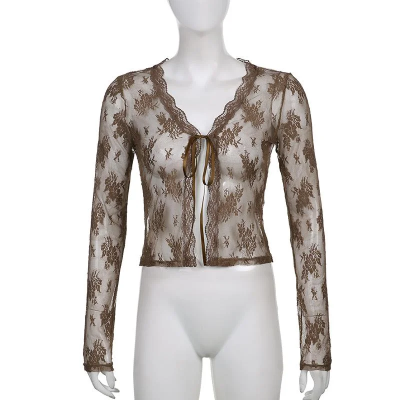 LACE MESH LONG SLEEVE CARDIGAN TOP