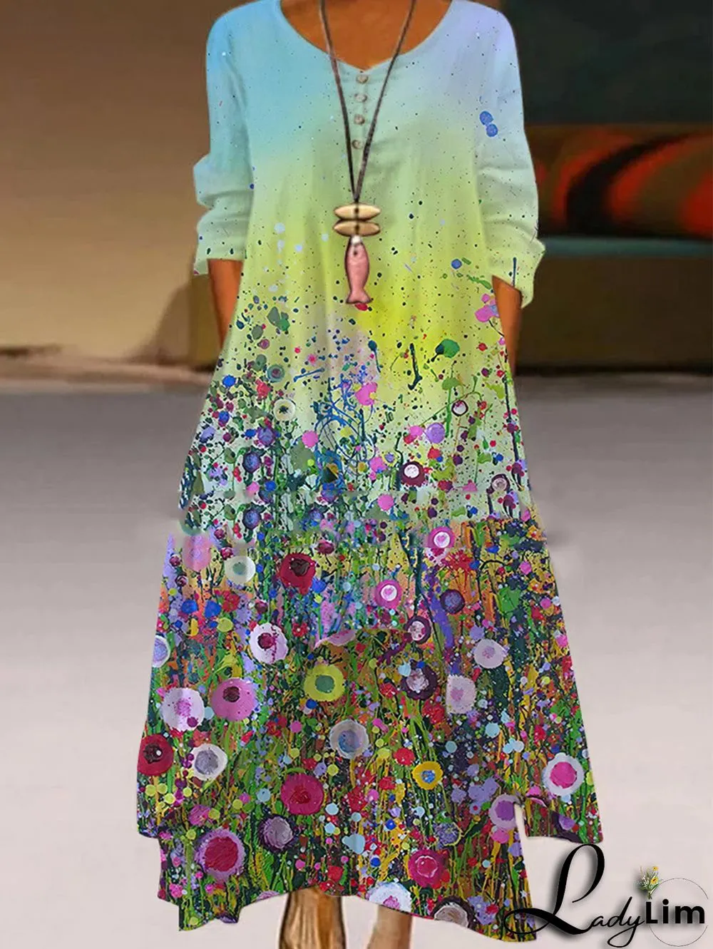 Color Oil Painting Two Layer Hem Dress - Ladylim