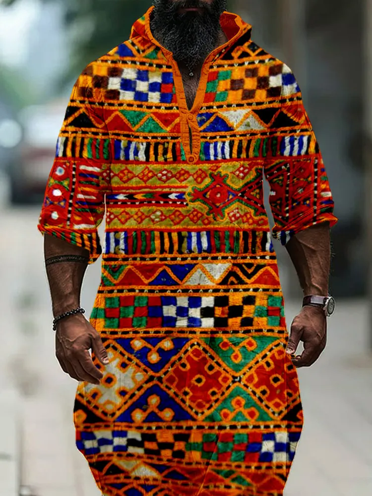 Men's African Ethnic Pattern Linen Long Hooded Tunic