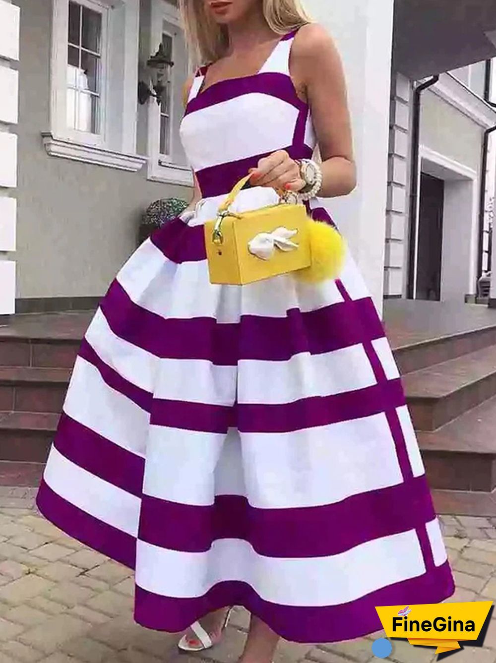 FineGina Sleeveless Striped Square-Neck Maxi Dresses