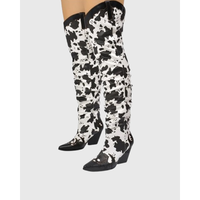 Giada Cow Print Leather Ruched Over Knee High Boots In Black