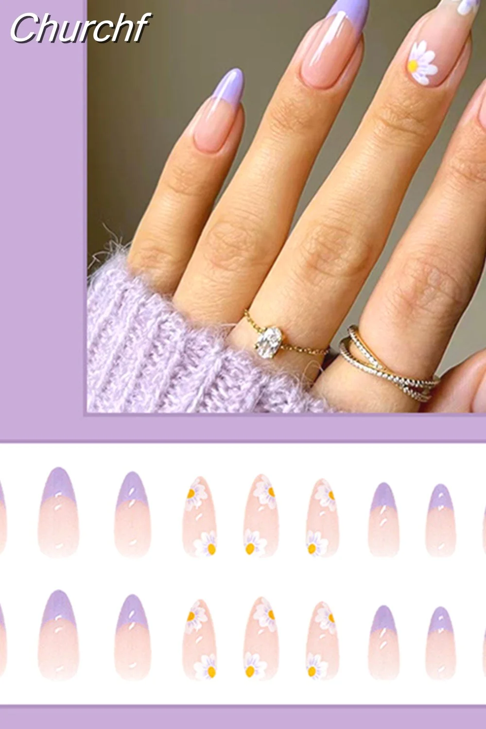 Churchf Purple Fringe False Nail Tips With Designs Almond Fake Nails ...