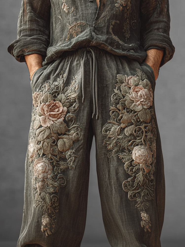 Men's Vintage Roses Embroidered Wide Leg Linen Pants