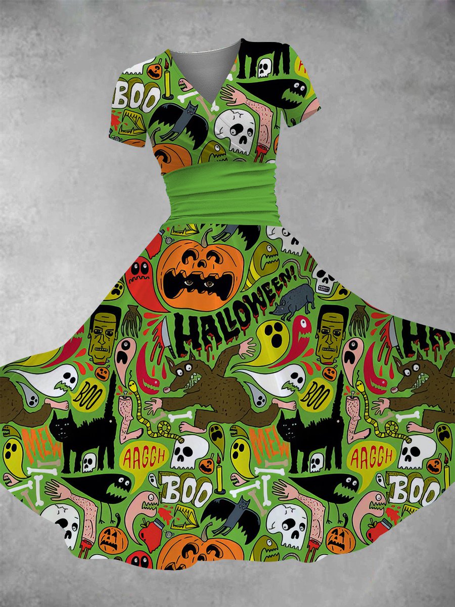Women's Vintage Halloween Monster Print Maxi Dress