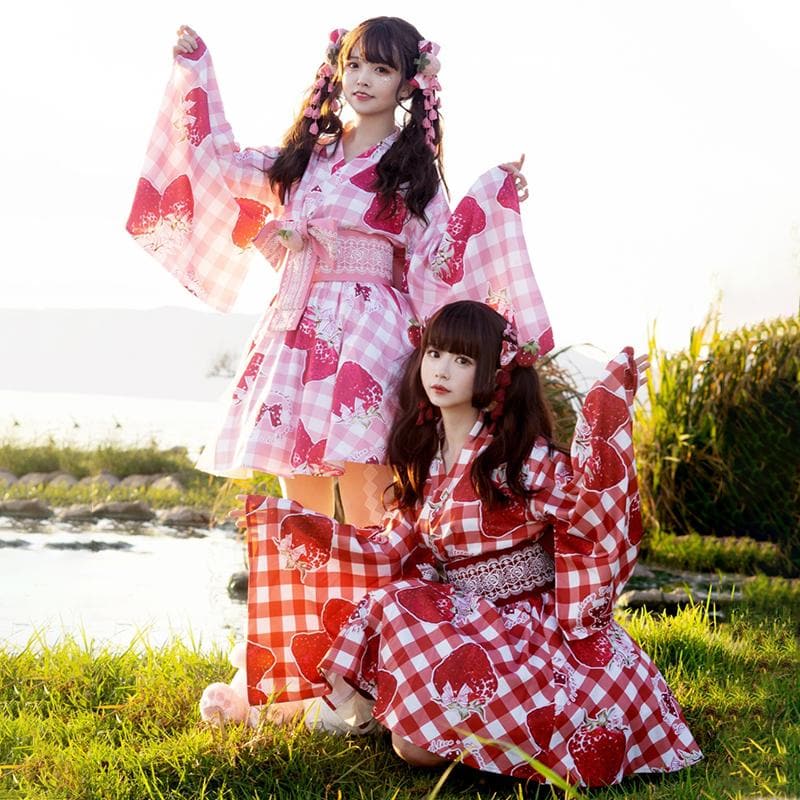 （Reservation）Sweet Cute GirlStrawberry Plaid Belt Kimono Set SS1015