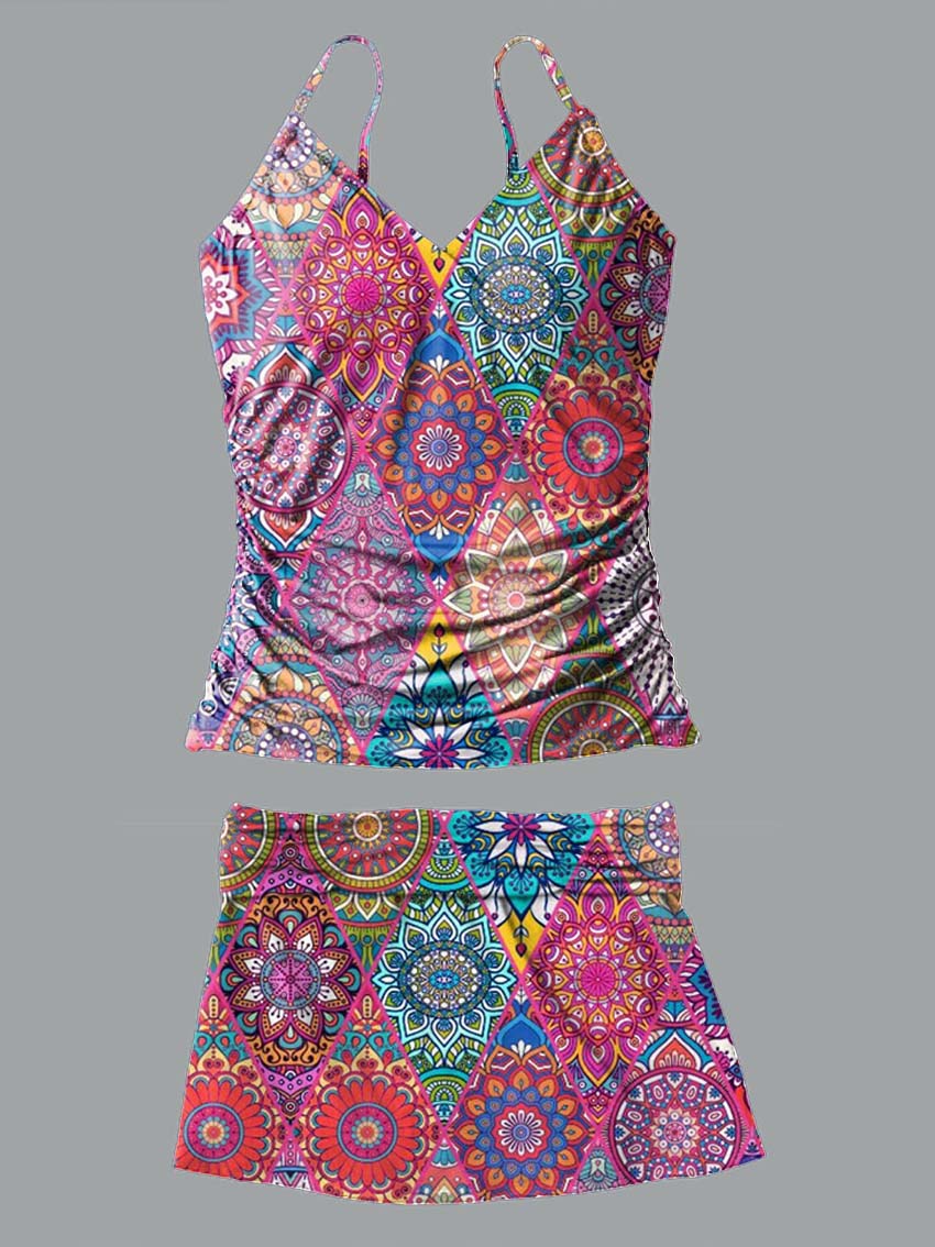 V-Neck Retro Hippie Mandala Pattern Art Print Suspender Skirt Tankini ...