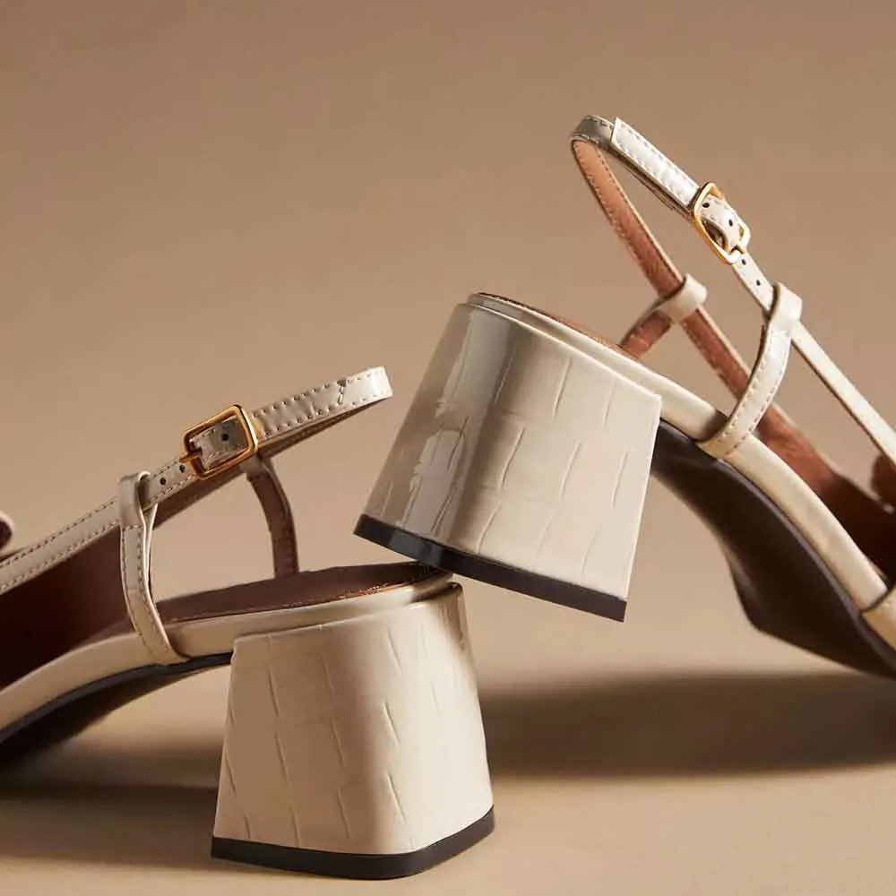 White Patent Leather Square Toe Slingback Pumps With Chunky Heels