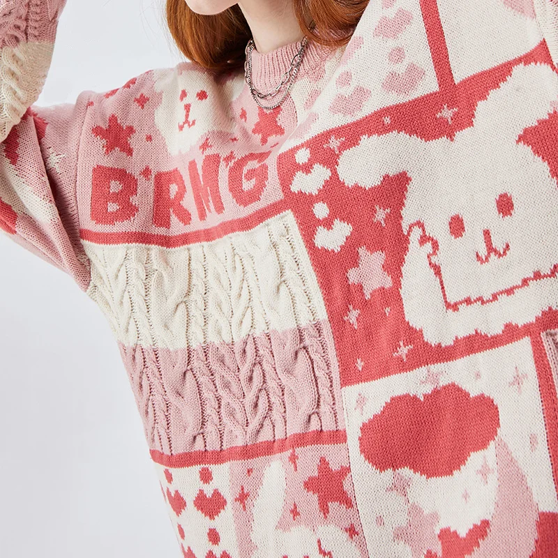 CARTOON BUNNY JACQUARD CREW NECK SWEATER