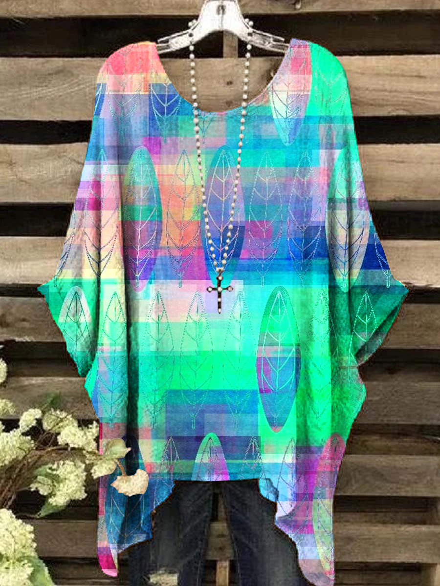 Women's Round Neck Abstract Leaf Pattern Top