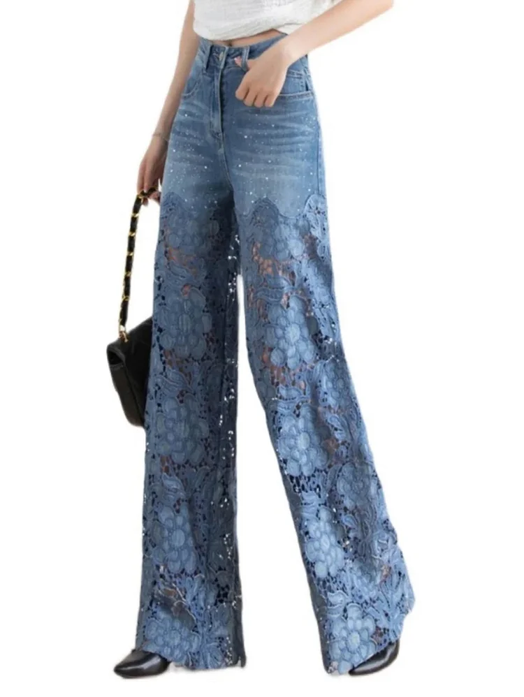 Fashion Rhinestone Denim Lace Patchwork High Waist Straight Leg Jeans ...