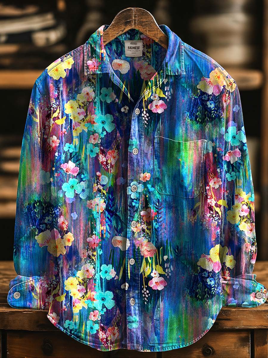 Colorful Gradient Floral Print 100% Cotton Long Sleeve Shirt