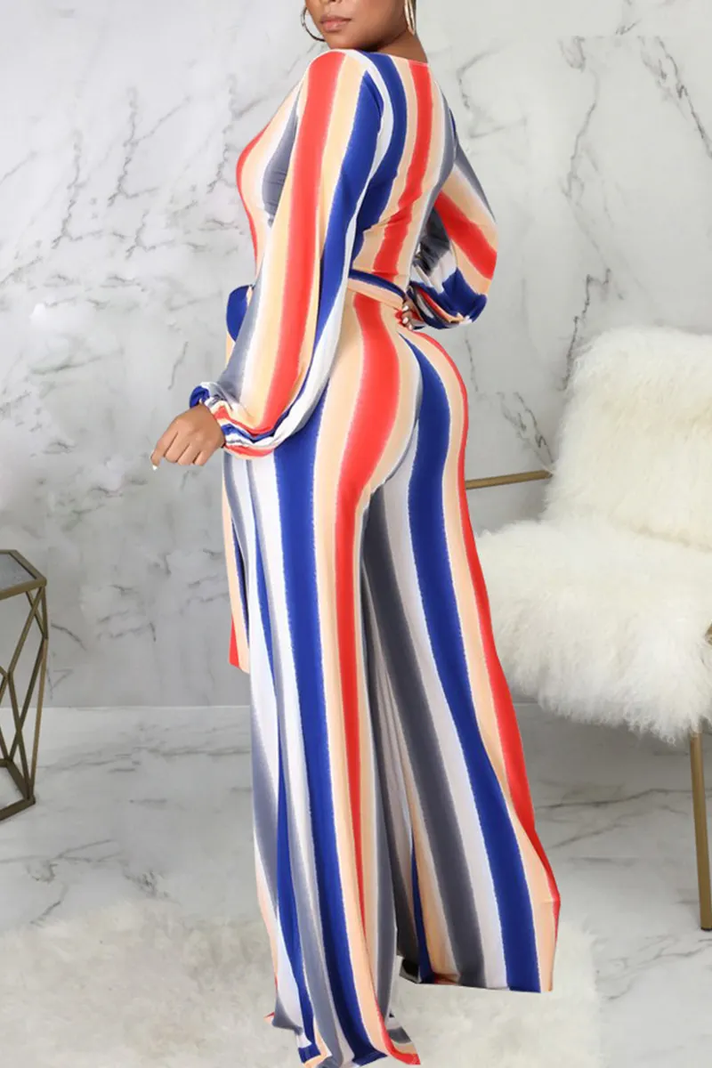 Casual Striped Split Joint V Neck Straight Jumpsuits