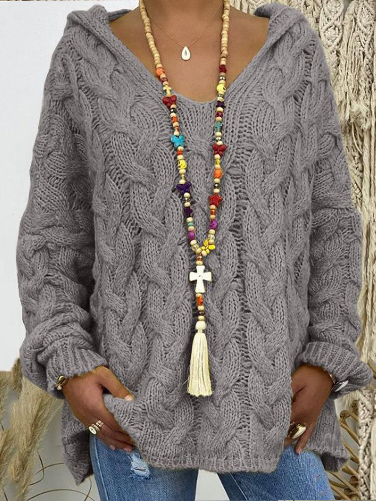 Solid Cable Knit Hooded Sweater - Ladylim