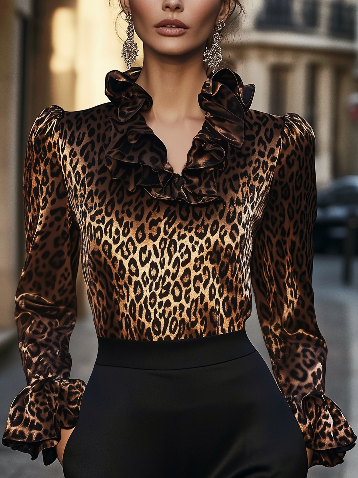 【24-HOUR SHIPPING】Brown Leopard-Print Satin Blouse With Ruffle Collar