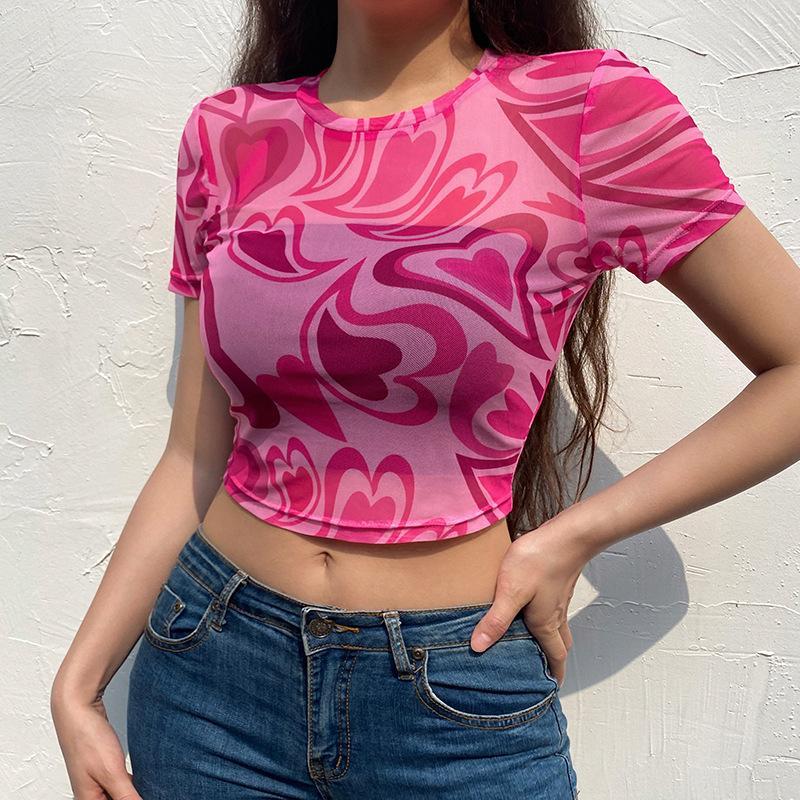 HEART PRINT MESH CROP TOP