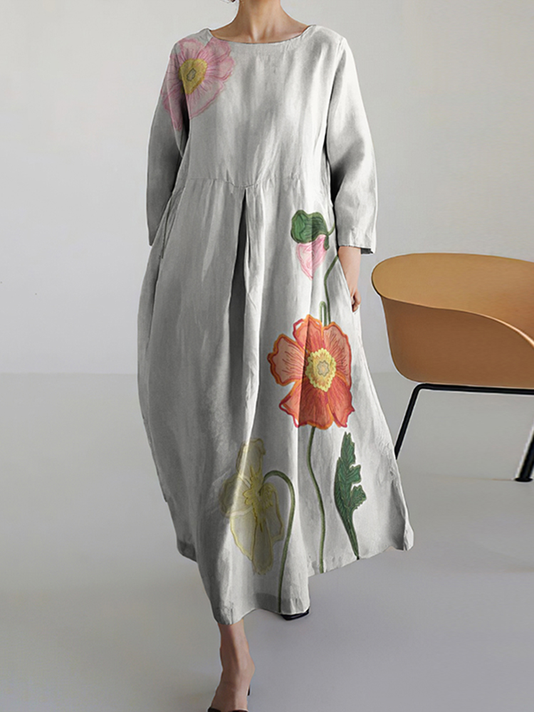 Vintage Large Floral Print Women'S Dress