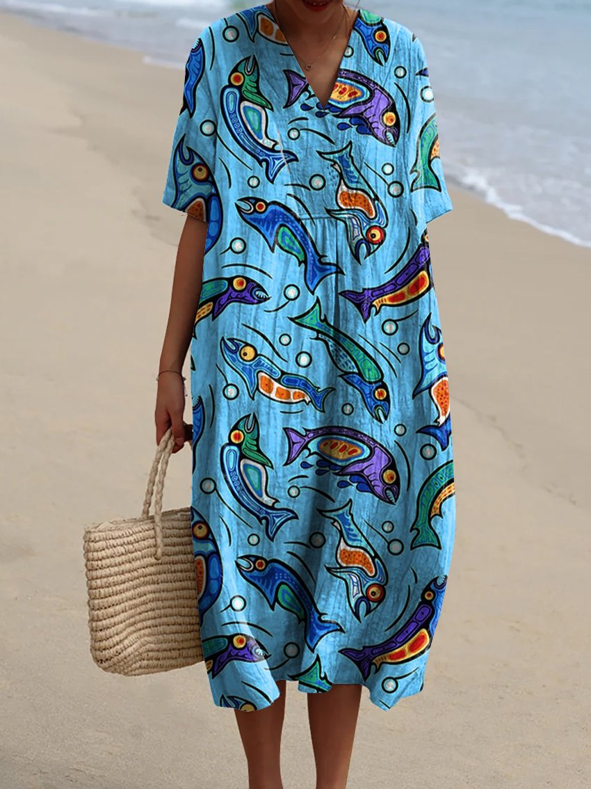 Women's Blue Cartoon Fish Watercolor Splash Fluid Art Print Flowy Dress