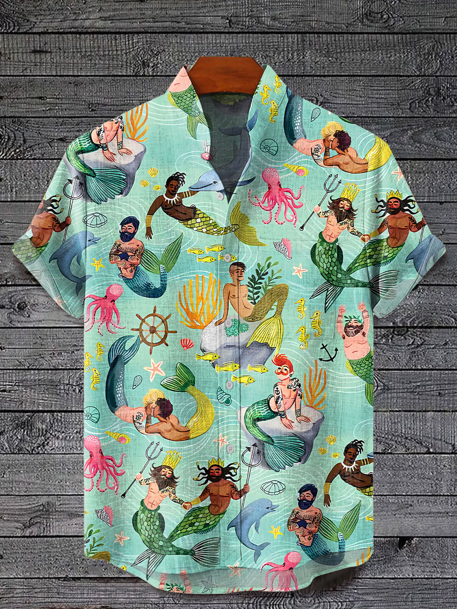 LGBT Pride Gay Vintage Mermaid Sailor Art Print Casual 100% Cotton Shirt
