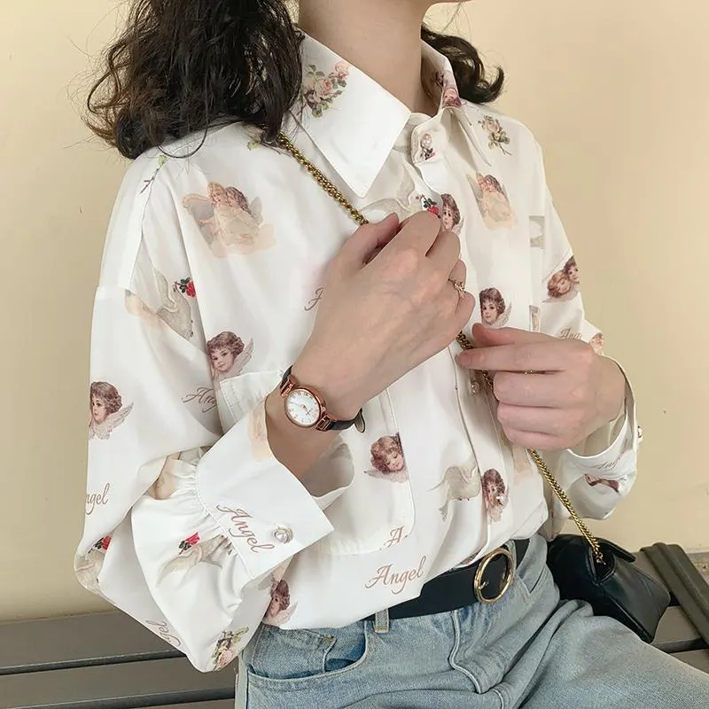ANGEL PRINT LONG SLEEVE CHIFFON SHIRT
