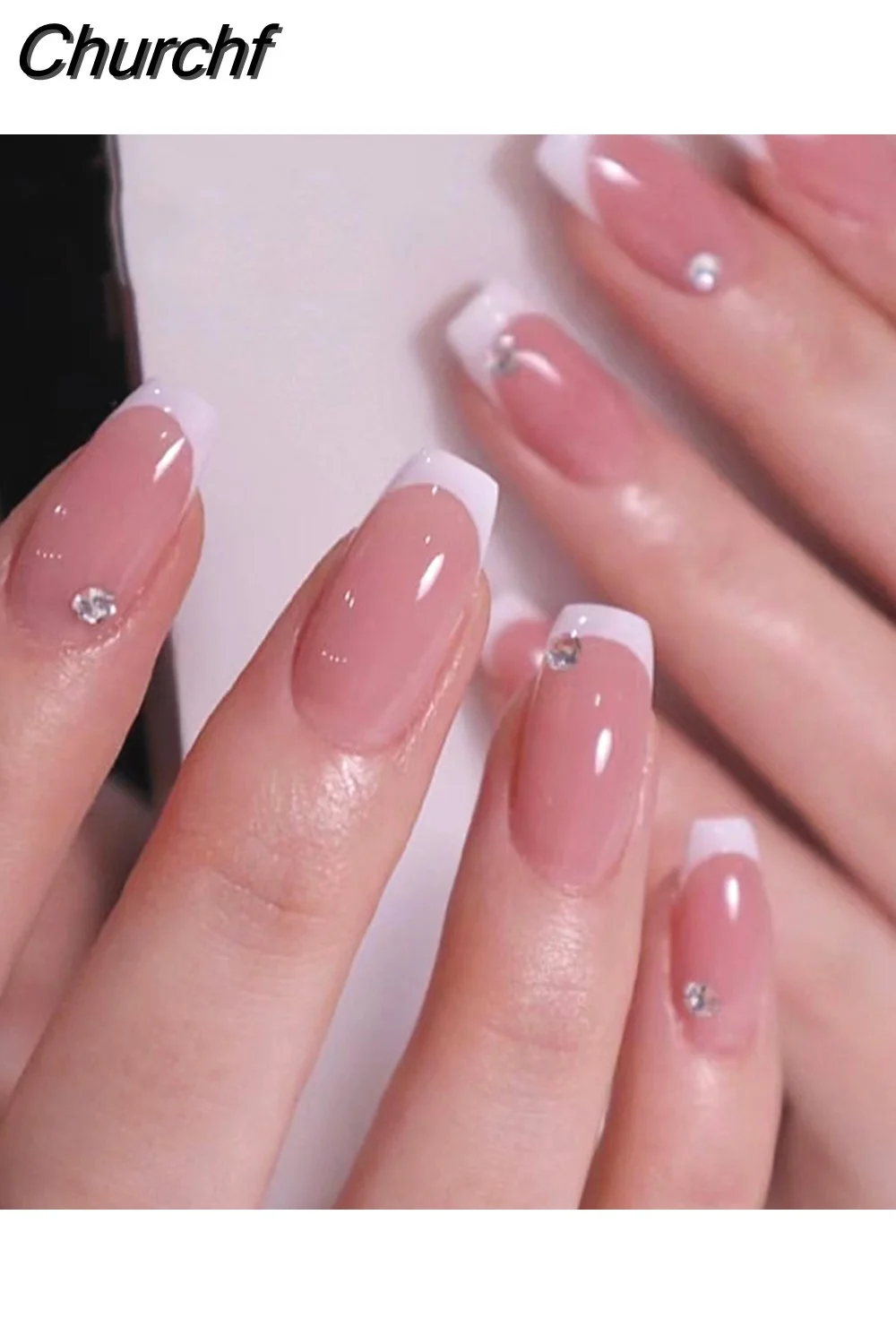 Churchf Detachable Pink Long Coffin False Nails Wearable Rhinestone ...