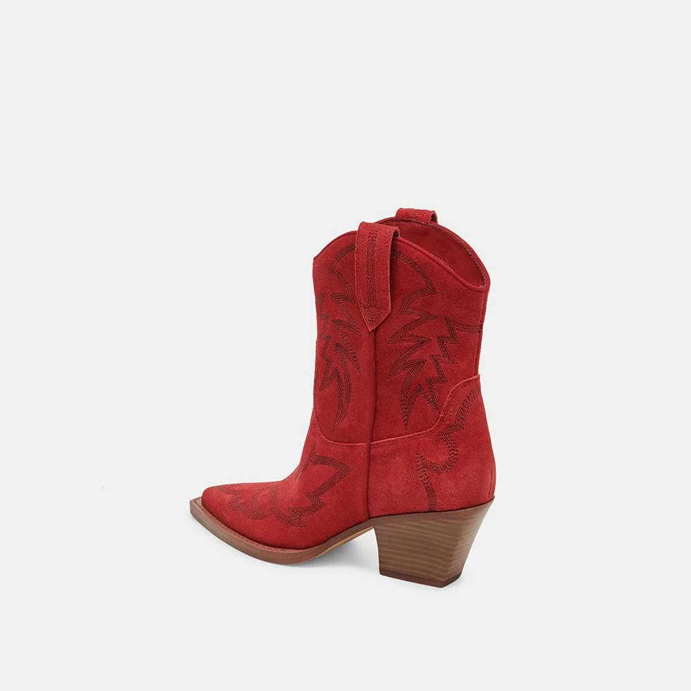 Red Faux Suede Pointed Toe Chunky Heel Embroidered Cowgirl Boots